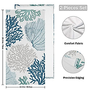 PATINISA Nautical Blue Coral Hand Towels for Bathroom Set of 2 Coastal Teal Beige Coral Soft Absorbent Ocean Theme Kitchen Dish Towels Decorative Bathroom Towels for Face,Hair,Guest,Gym,Spa 14"x28"