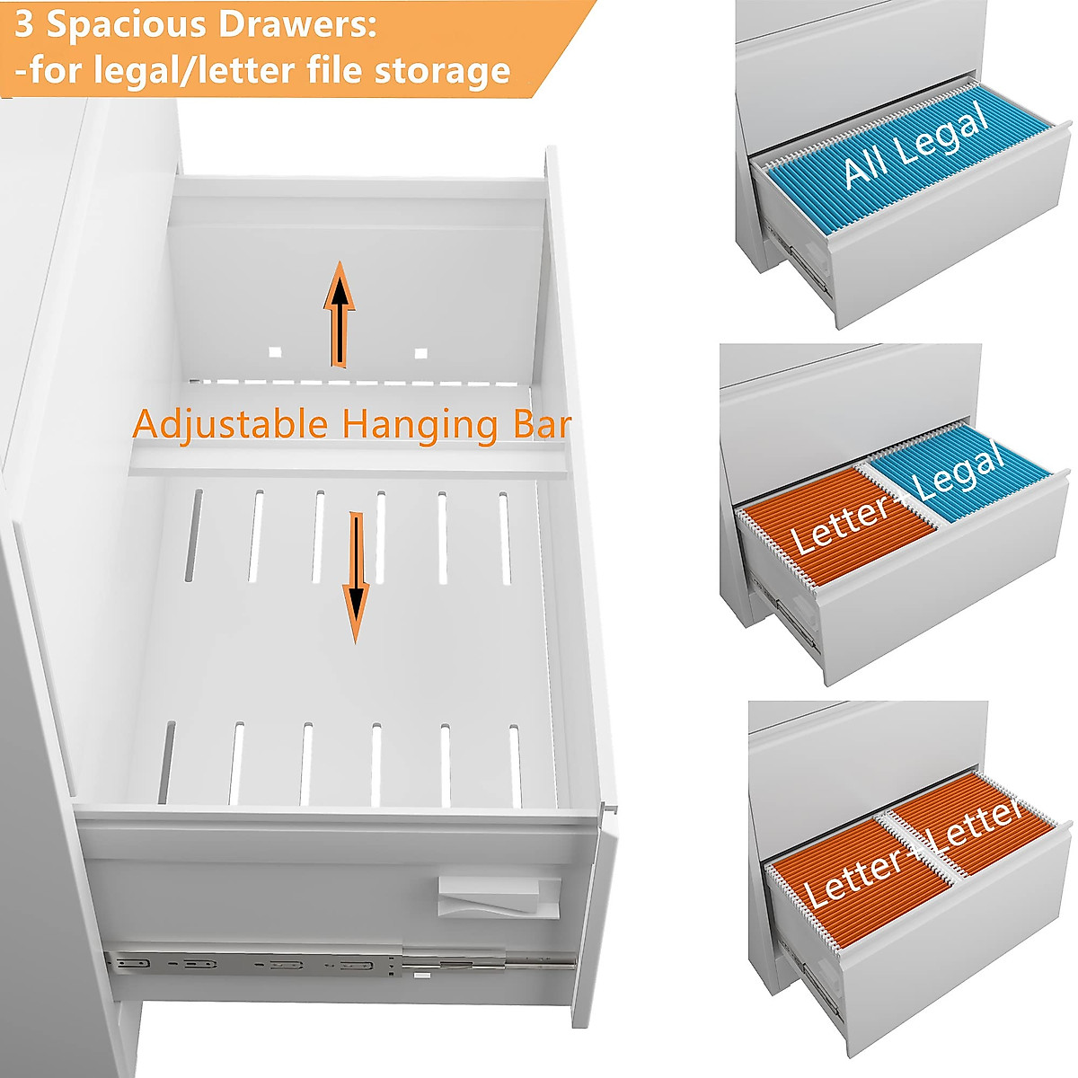 Aobabo Heavy Duty Steel 3 Drawer Anti Tilt Locking Lateral File Cabinet with 2 Keys for Office and Home Letter and Legal Size File Storage, White