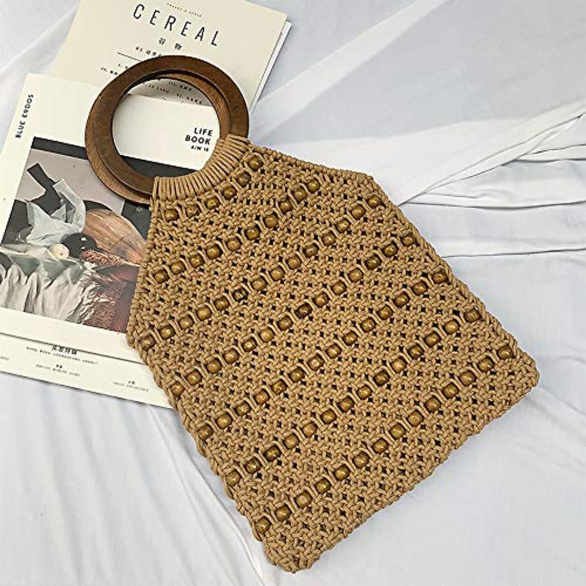 QTKJ Hand-woven Cotton Hollow Out Beaded Tote Bag for Women Boho Beach Crochet Bag Handbag with Wooden Round Handle (Brown)
