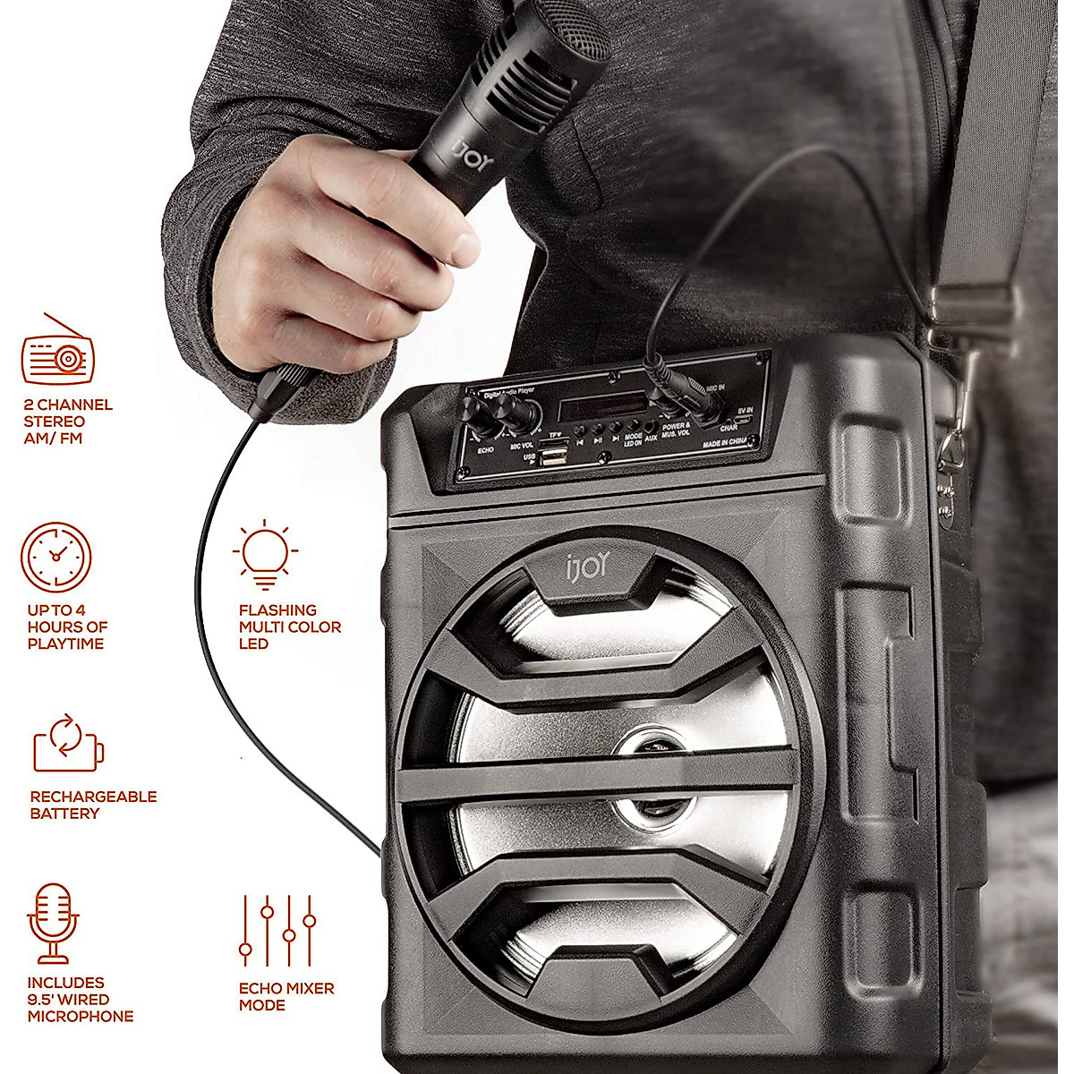 iJoy Karaoke Machine- Bluetooth Party Speaker with Microphone- LED Disco Lights and Voice Changing Effects- FM Radio, Rechargeable and Portable with HD Sound
