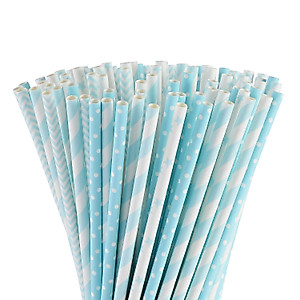 ALINK Biodegradable Light Blue White Paper Straws, Pack of 100 Party Straws for Juice, Cocktail, Smoothies, Birthday, Wedding, Bridal/Baby Shower and Christmas Decorations Supplies