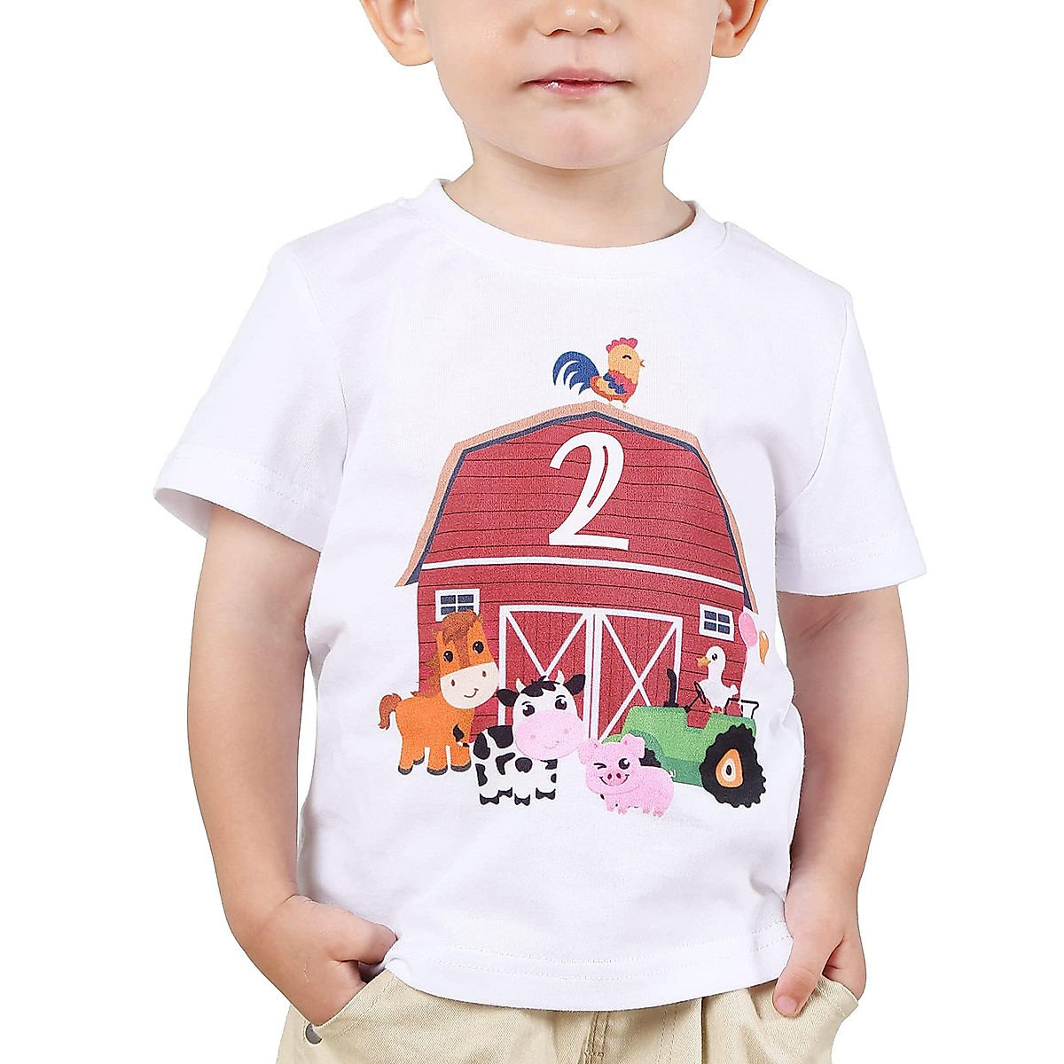 Baby Boy 2nd Birthday T-Shirt Toddler Farm Animal Two 2 Year Old B-Day Tee Gift Second Farm Animals Themed Birthday Party Top Tee Cotton T Shirt White