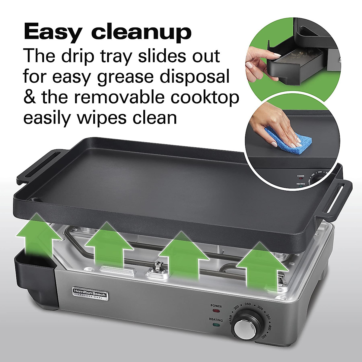 Hamilton Beach Professional Cast Iron Indoor Electric Grill & Griddle, 10" x 16" Preseasoned Cooking Surface, Adjustable Temperature up to 450° F, Black (38560)