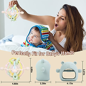 Baby Teething Toys for Babies 0-6,12,18 Months, Qemixly 3 Pack Gift Silicone Baby Teethers for Baby Teething Relief, Anti-Drop Hand Teething Mittens and Rattle Ball(Caramel,Blue,Multi-Blue)