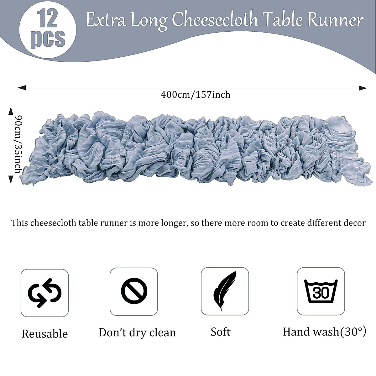12 Pcs Cheesecloth Table Runner 13FT Boho Rustic Gauze Table Runner Bulk 35x157Inch Romantic Cheese Cloth Sheer Table Runner Decor for Wedding Dining Holiday Event Birthday Anniversary(Dusty Blue)
