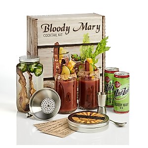 Bloody Mary Cocktail Kit: 16 oz Beer Can Drinking Glass Set | Zing Zang Bloody Mary Mix | Rokz Salt Tin | Infusion Jar | Bar Spoon | Jigger | Garnish Picks | Recipe Cards
