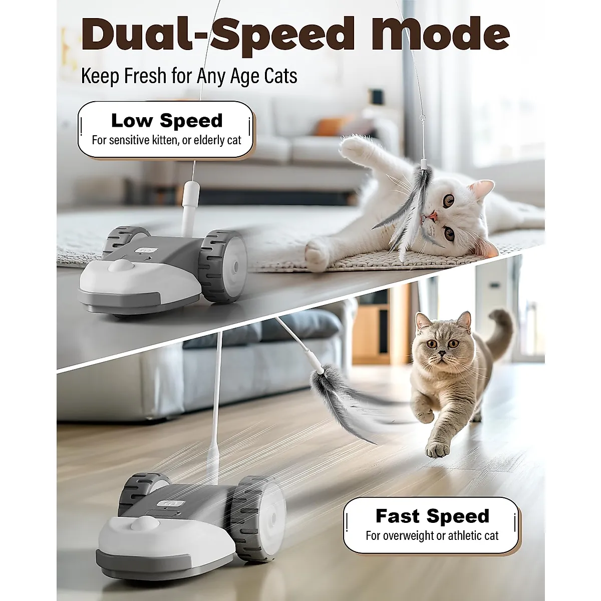 CYROS 3-in-1 Interactive Cat Toy - 2-Speed Automatic Moving Mouse Cat Toys Self Play with 2pcs Hanging Feather String Ribbon and Wiggly Silicone Mice Tail for Bored Indoor Adult Cats Kittens