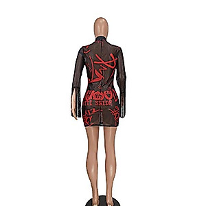 Uni Clau Women Sexy Mini Mesh Sheer See Through Dresses Tassel Long Sleeve Letter Print Bodycon Party Dress Red XL