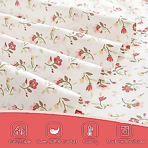 Queen Bed Sheet Set 4PC Printed Cute Red Flower Sheet Pattern Cooling Brushed Microfiber 17" Deep Pocket Floral Sheets Set Luxury, Soft, Breathable, Hypoallergenic, Wrinkle Free Double Bedding