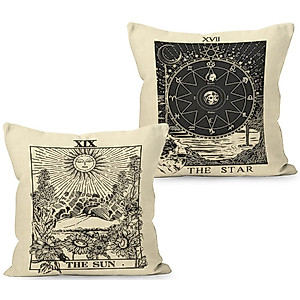 YUESHARE The Star The Moon Constellations Astrology Tarot Divination Medieval Europe Linen Throw Pillow Covers 18 x 18 Inch Set of 2, Tarot Divination Gifts for Home Room Bed Sofa Decorations Décor