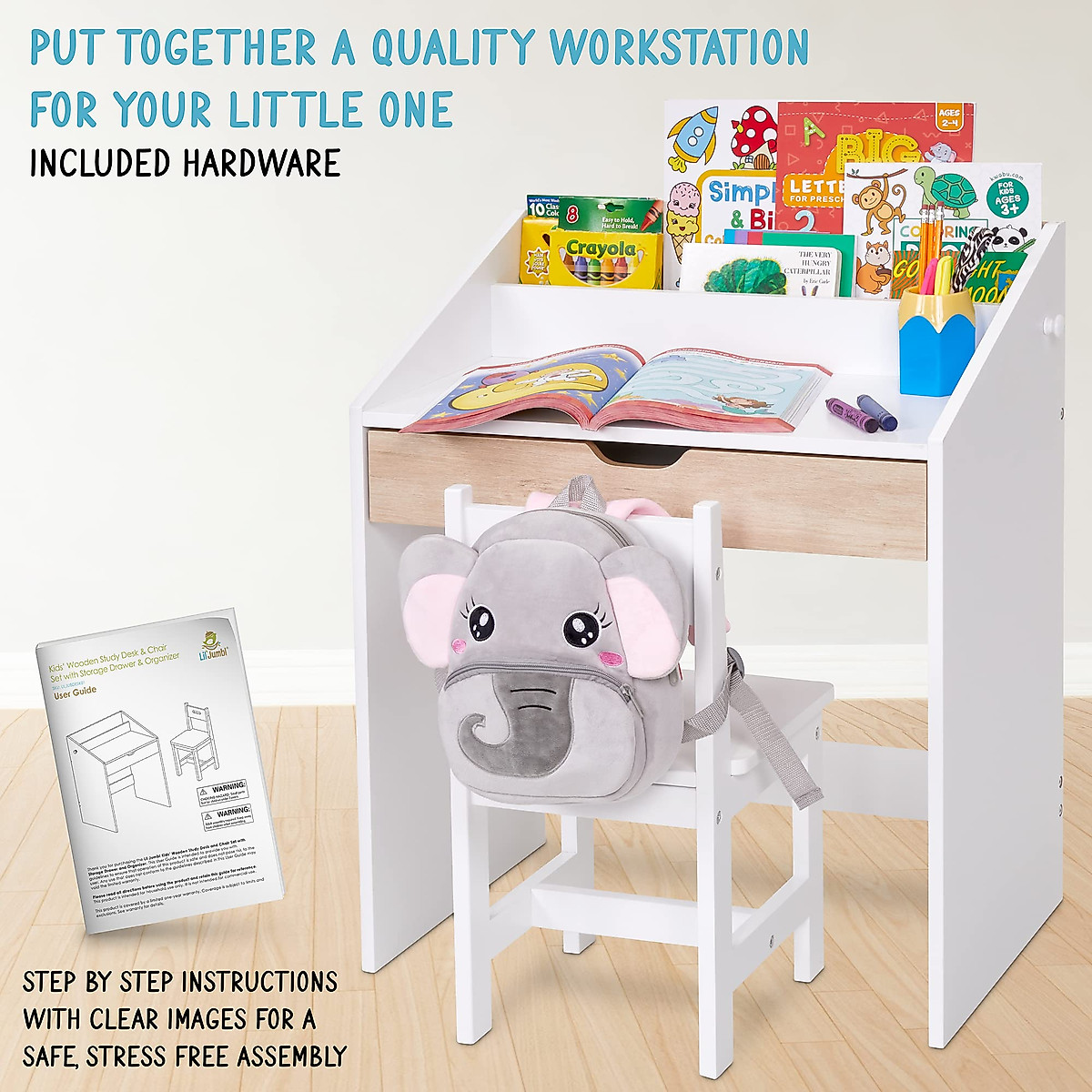 Lil' Jumbl Toddler Wooden Study Desk and Chair Set, Home School Learning Workstation with Writing Table, Storage Drawer, Tabletop Organizer & Hanging Hooks for Children Studying, Reading & Drawing