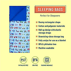 Wildkin Kids Sleeping Bags for Boys & Girls, Measures 57 x 30 x 1.5 Inches, Cotton Blend Material Sleeping Bag for Kids, Ideal for Parties, Camping & Overnight Travel(Trains Planes & Trucks)