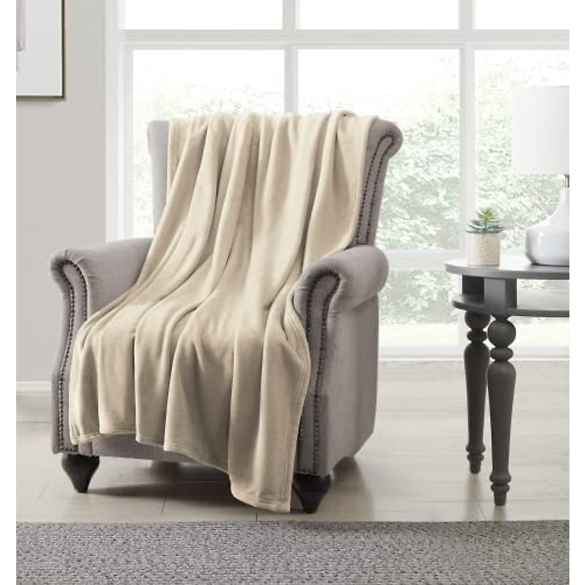 U.S. Polo Assn. Super Soft Oversized Bed & Couch Throw Blanket, Fuzzy Warm Lightweight Flannel Throws, All Season Plush Fleece Comfort, 50x70in, Beige
