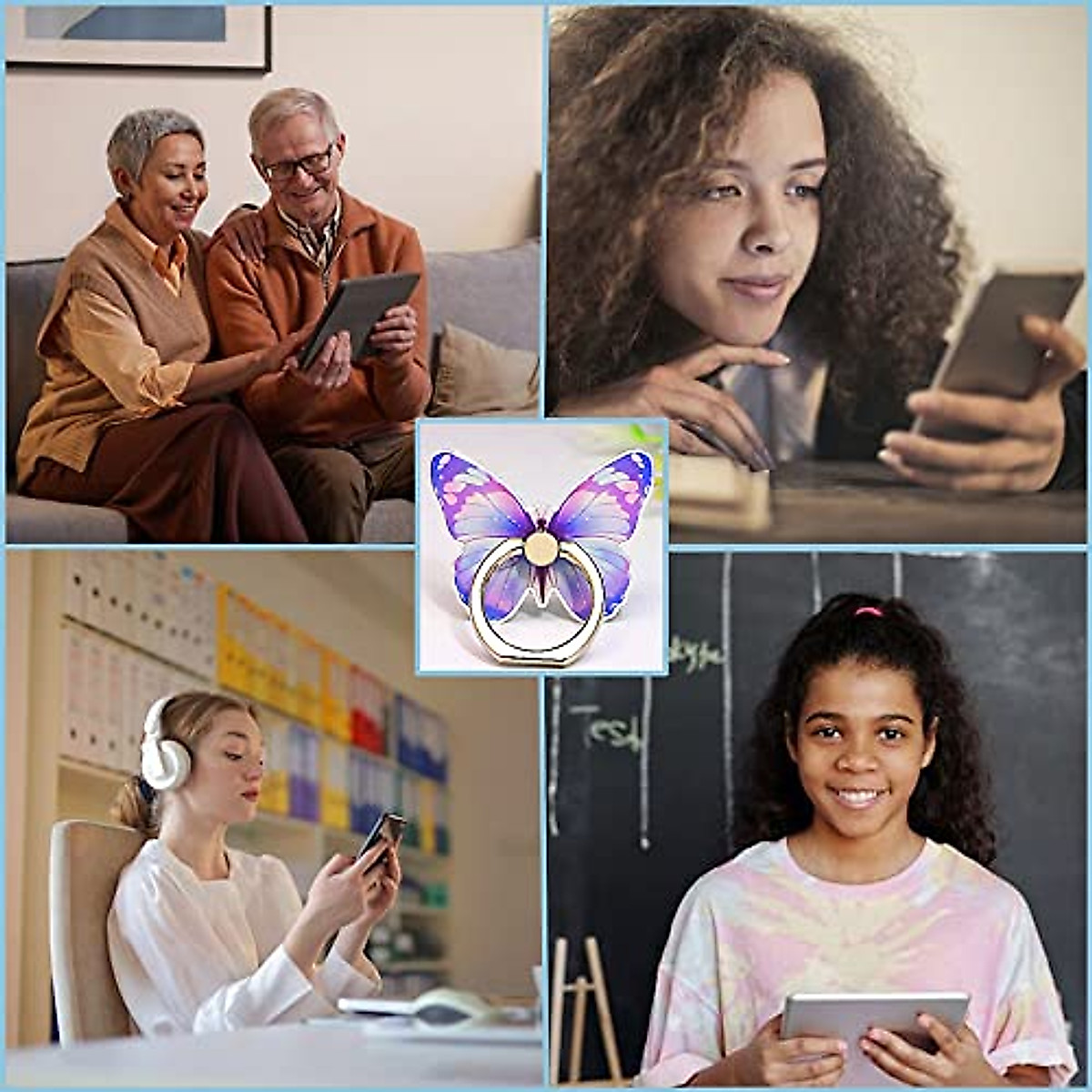 2 Pcs Butterfly Cell Phone Ring Holder Finger Ring Grip Stand 360° Rotation Cute Butterfly Pattern Painted Metal Finger Stand Kickstand Compatible with Smartphone Tablet E-Reader Etc