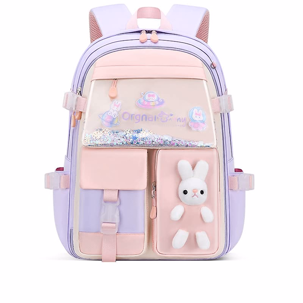 EKUIZAI Colorful Cute Backpack for Girls Elementary Schoolbag Sweet and Kawaii Kid's Backpack with Rabbit dolls