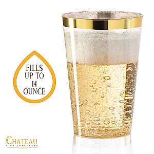 100 Gold Plastic Cups 14 Oz Gold Glitter with a Gold Rim - Premium Disposable Party Cups - Elegant and Classy Sturdy Cups - Weddings Birthdays Anniversaries and Other Social Events