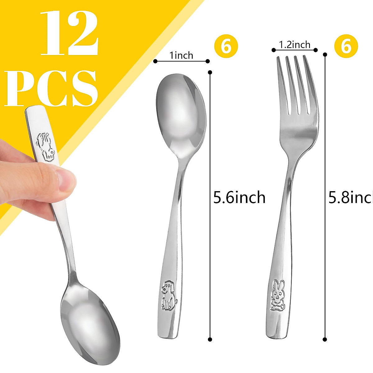 HAKSEN Stainless Steel Toddler Utensils Set, 12PCS Kids Safe Forks and Spoons with Bunny and Puppy Motifs, Mirror Polished & Dishwasher Safe