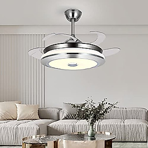 MoreChange 36" Retractable Ceiling Fans with Lights and Music Speaker,Modern Bluetooth LED Chandelier Fans For Dining Room wih Remote Control 3 Speeds 3 Color Changes Lighting Fixtures for Living