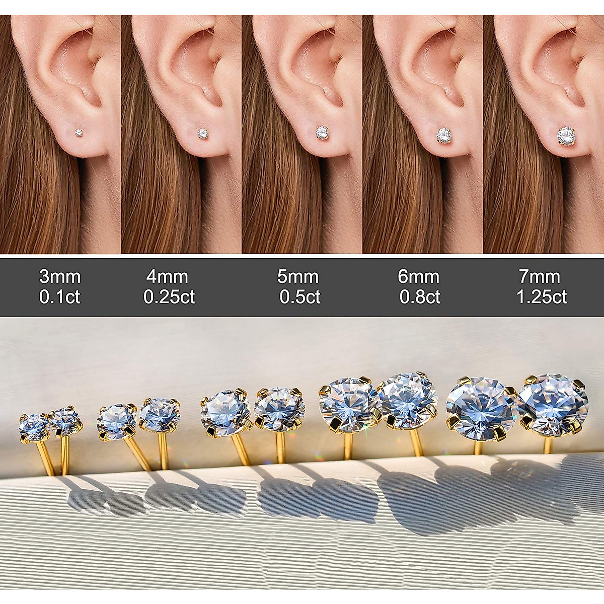 Kainier 5 Pairs 14K Gold Plated Stud Earrings Set Simulated Diamond Earrings Cubic Zirconia (CZ) Ear Stud for Women Hypoallergenic 3-7mm
