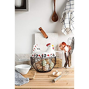 SURVEEL Black Wire Egg Storage Basket with Ceramic Chicken Shaped Top Egg Basket with Handles for Fresh Eggs Cute Chicken Kitchen Home Décor