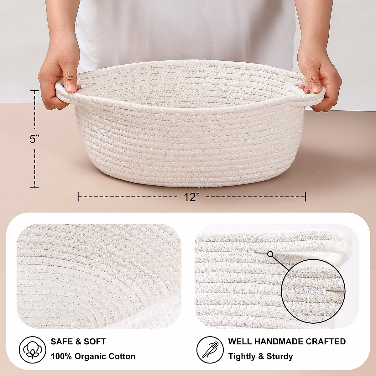 2 Pack Small Woven Basket with Gift Bags and Ribbons, Empty Decorative Gift Chest Box, Cute Baby Gift Basket for Nursery, Cotton Rope Room Shelf Storage Basket with Handles, All 12"x 8"x 5",White