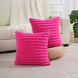 FUTEI Hot Pink Striped Decorative Throw Pillow Covers 18x18 Inch Set of 2,Square Spring Decorations Couch Pillow Case,Soft Cozy Faux Rabbit Fur & Velvet Back,Modern Home Decor for Bed