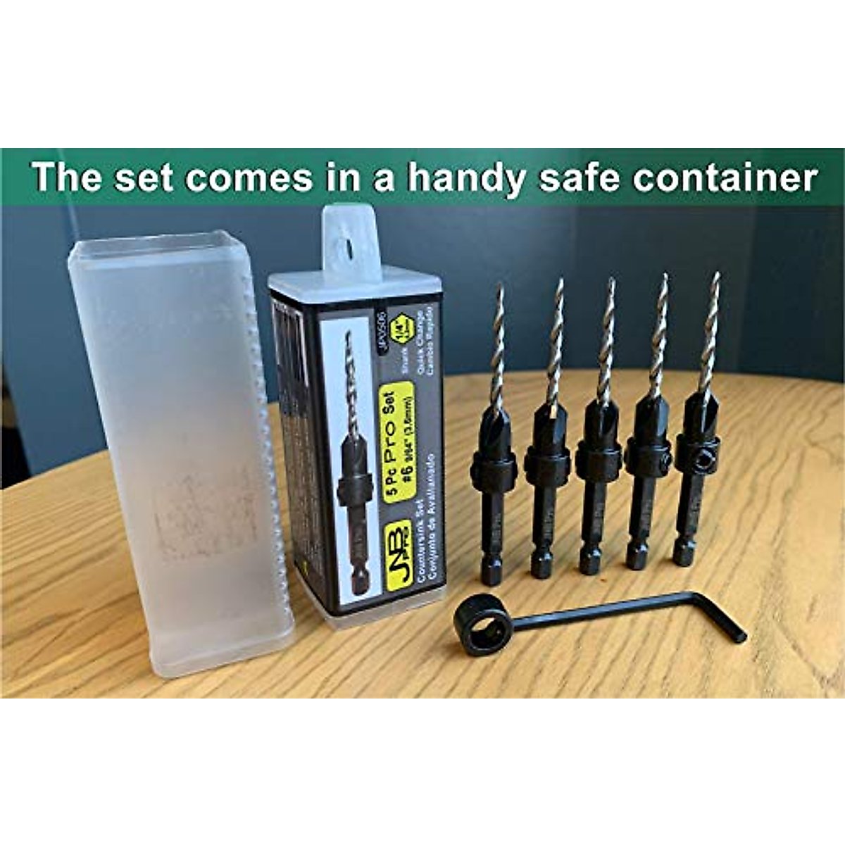 JNB Pro Wood Countersink Drill Bit Set JP0506, 5 Pc #6(9/64"), 2 Extra Bits 9/64 Tapered Drill Bit, 1 Adjustable Collar, 1 Wrench - 1/4" Quick Change Shank, Ideal Woodworking and Carpentry Tool Set