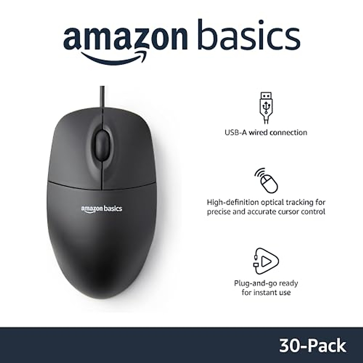 Amazon Basics 3-Button Wired USB Computer Mouse, Black - Pack of 30