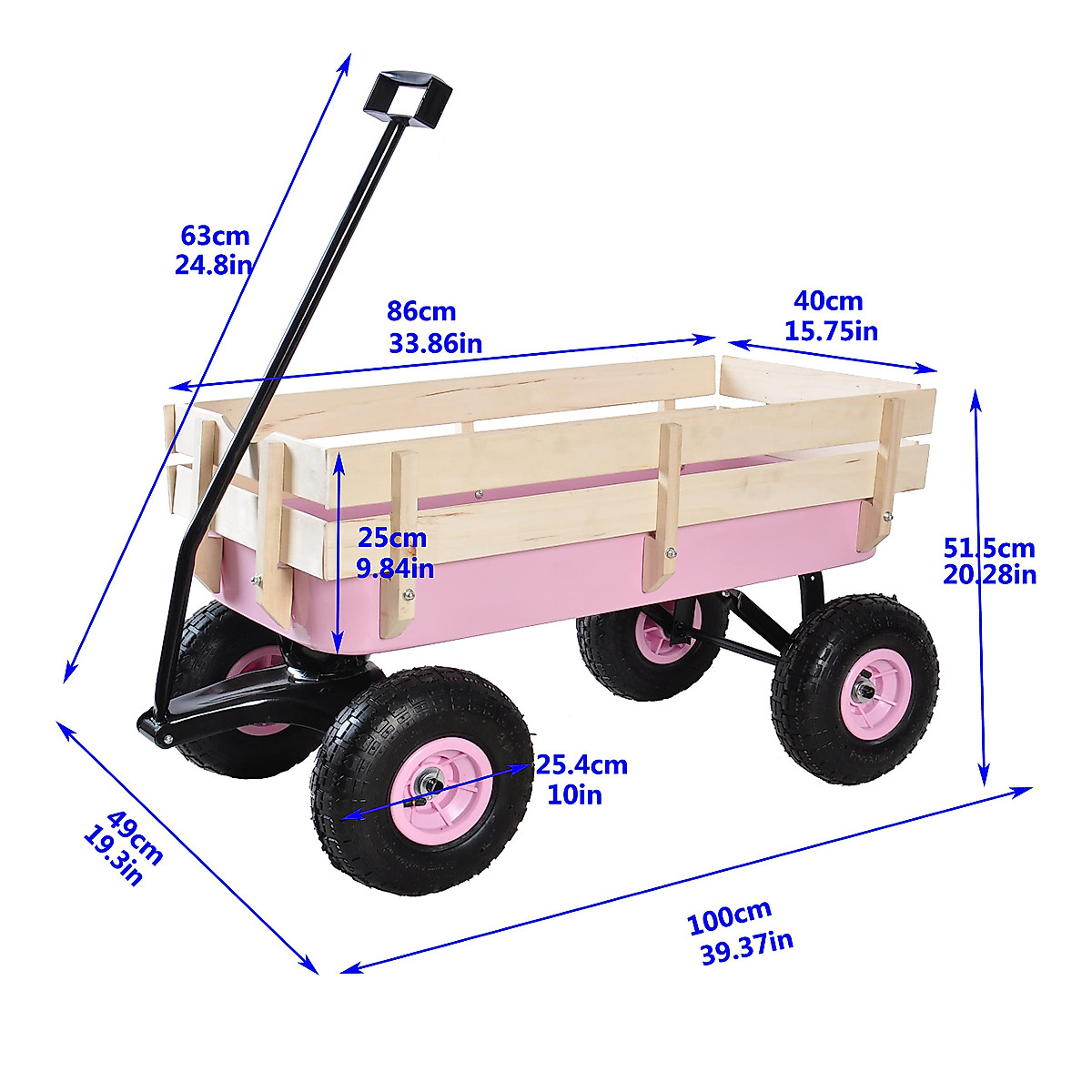 ZeHuoGe Pink Outdoor Sport Wagon All Terrain Pull with Removable Wooden Side Panels, 10-Inch Pneumatic Tires, Extra-Long Handle Folds Under for Easy Storage