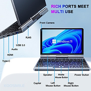KOOSMILE Mini Laptop,8 inch HD Touch Screen Mini Computer Windows 11 Pro,Intel N100 4 Cores 2-in-1 Pocket PC 12GB LPDDR5 RAM 512GB M.2 SSD, Gigabit | Wi-Fi 6 | BT5.2 | 2MP Camera | G-Sensor | HDMI