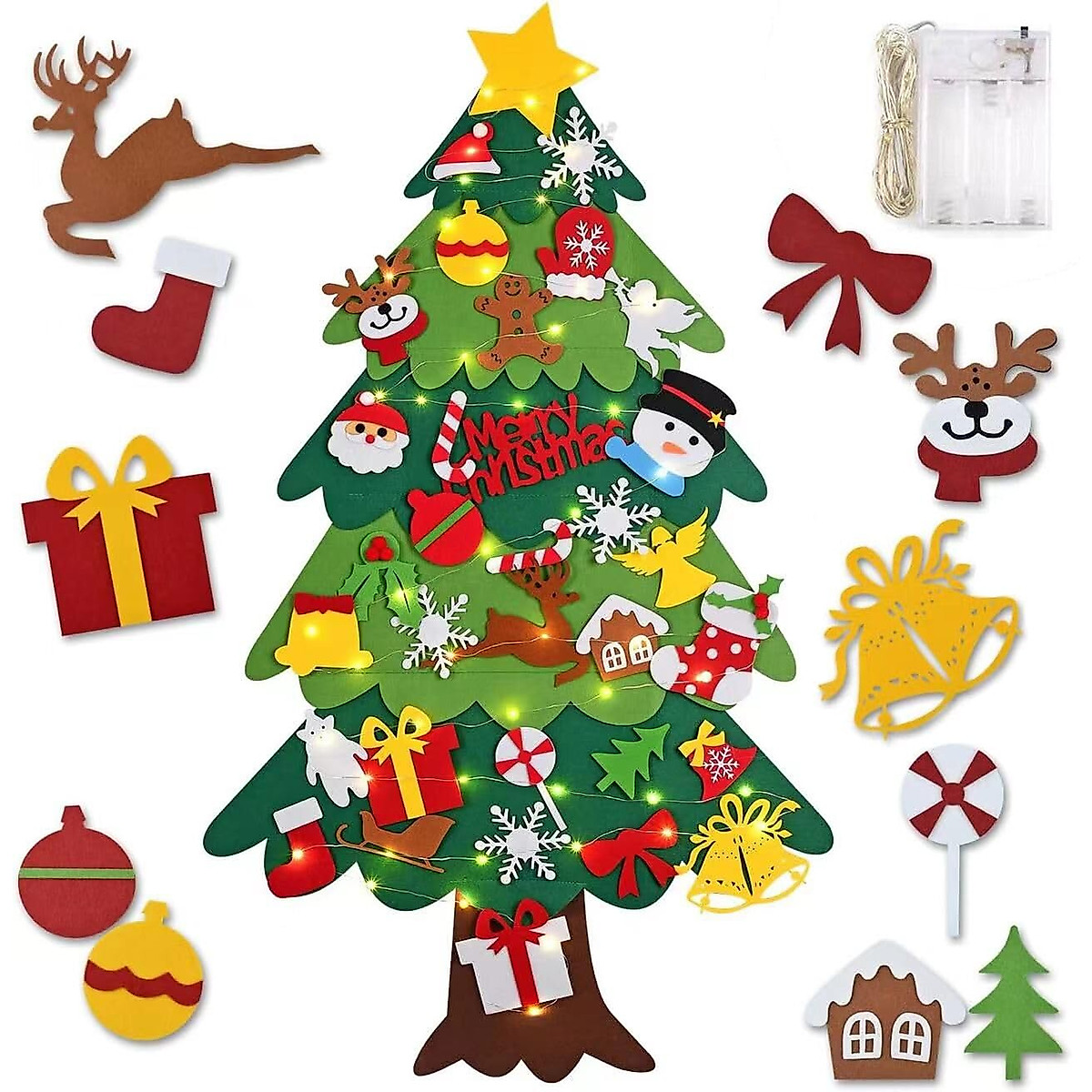 WooEver DIY Felt Christmas Tree Set 3.5ft, Xmas Decorations Wall Hanging 33 Detachable Ornaments with String Light Kids Gifts New Year Party Supplies (Batteri Not Included)