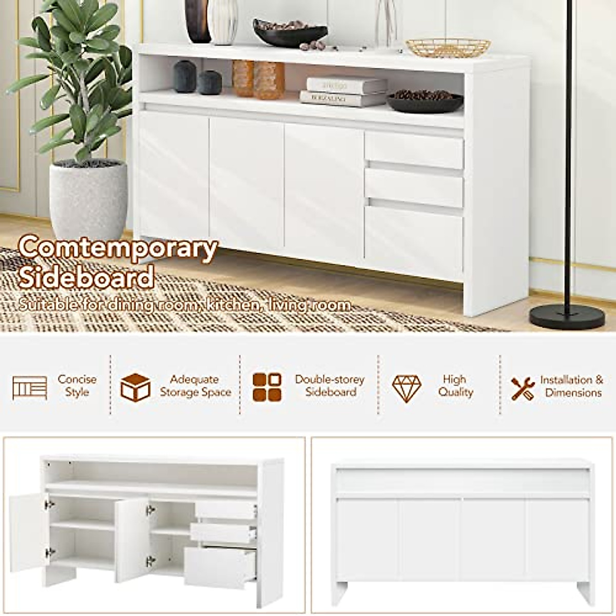 Modern Sideboard Buffet Server Storage Cabinet, Cupboard Console Table with Double-Storey Tabletop Wood Buffet Cabinet with Two Cabinets and Three Drawers for Living Room Kitchen Dining Room, White