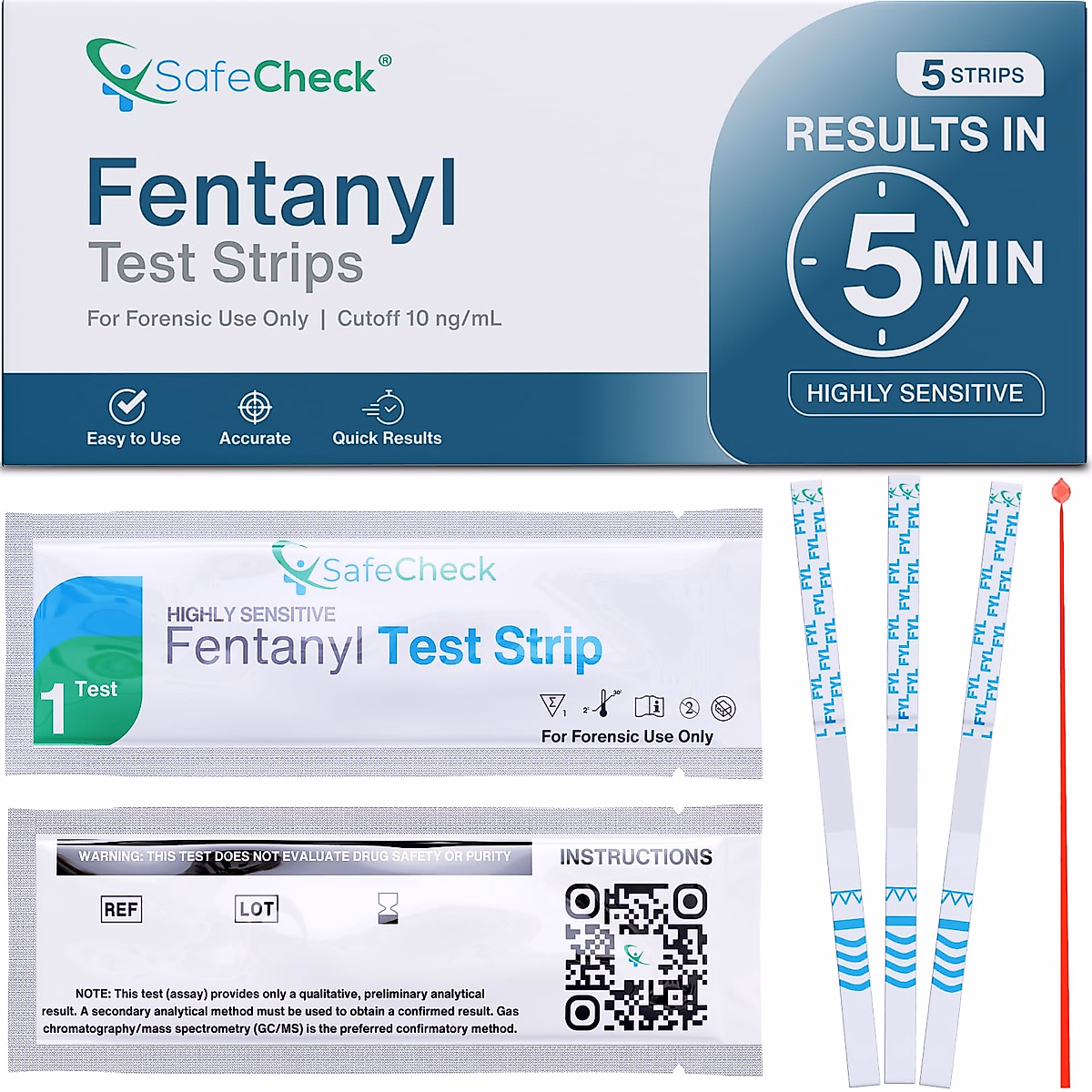 Fentanyl Test Strips 5 Pack | SafeCheck Highly Sensitive Fentanyl Test Strips for Testing Drugs | Fentanyl Testing Strips for Pills, Powders | Fentanyl Test Kit | 10ng/mL Cutoff