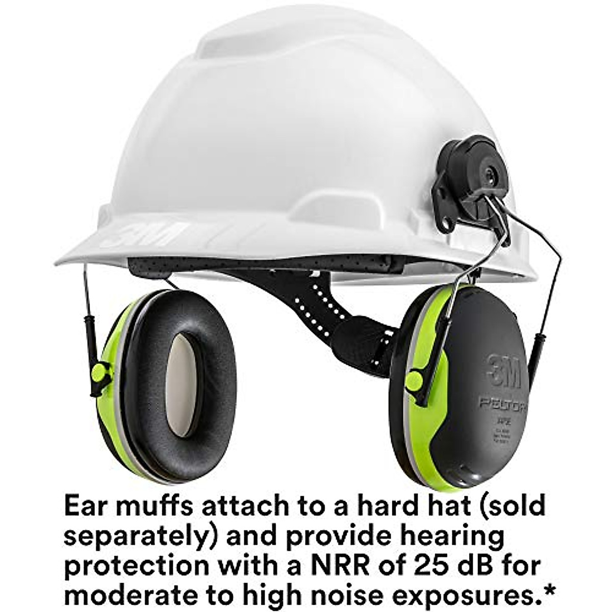 3M PELTOR Ear Muffs, Noise Protection, Cap Style Hard Hat Attachment, NRR 25 dB, Construction, Manufacturing, Maintenance, Automotive, Woodworking, Heavy Engineering, Mining, X4P3E, Black/Chartreuse