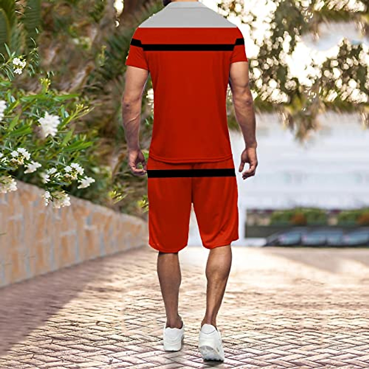 FAMOORE Fancy Men Suits Mens Short Sleeve T Shirt and Shorts Set Summer 2 Piece Outfit Big Mens Suits Red