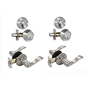 Dynasty Hardware CP-HER-US15, Heritage Front Door Entry Lever Lockset and Single Cylinder Deadbolt Combination Set, Satin Nickel (2 Pack) Keyed Alike