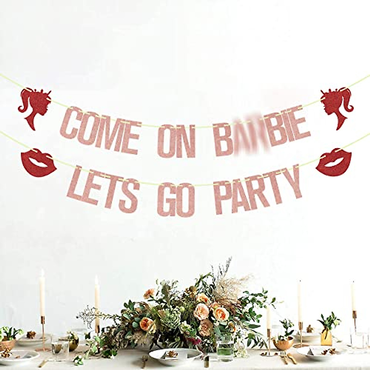Come on Ba*bie Lets Go Party Banner, Bachelorette Party Decorations, Ba*bie Theme Party Banner Decor, Bride To Be, Bridal Shower Party Decorations Rose Gold and Red Glitter