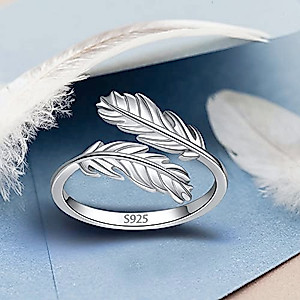 Hioed 925 Sterling Silver Feather Inspirational Jewelry Ring Adjustable Dainty Wrap Open Rings for Women