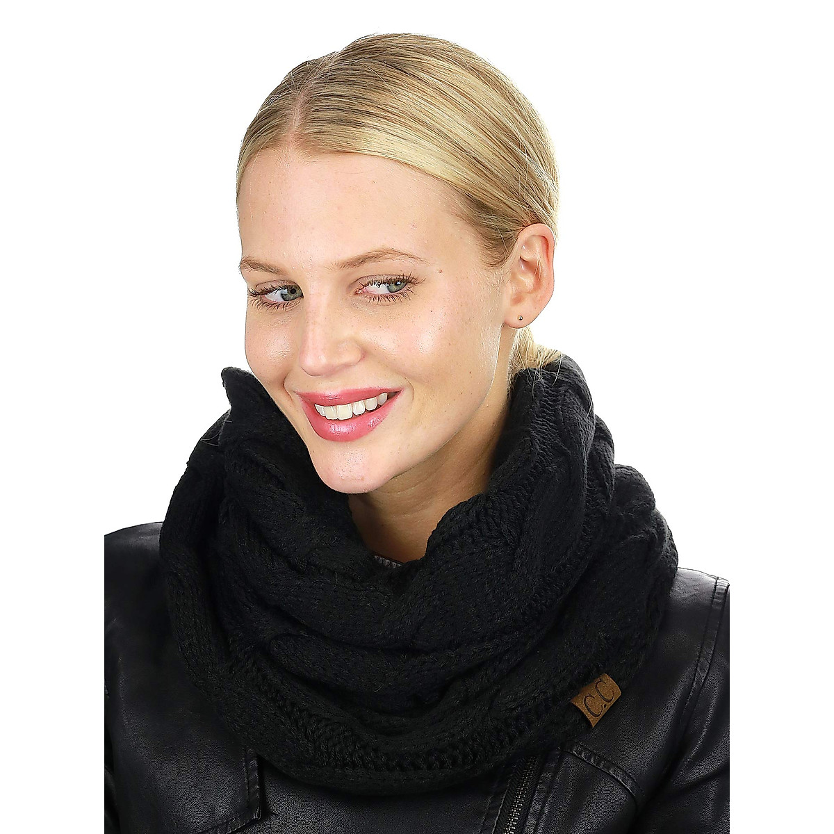 C.C Women's Winter Cable Knit Sherpa Lined Warm Infinity Pullover Scarf, Black