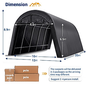 UDPATIO 12x20 FT Heavy Duty Carport, Round Style Portable Garage Waterproof Anti-Snow Shelter Storage Canopy, Doors Sheds & Outdoor Storage for Car,Vehicle,Truck, Black