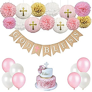 CHRORINE Baptism Decorations Christening First Communion Confirmation Decorations for Girls, Baptism God Bless Banner and Pink Party Decorations - Pink Set