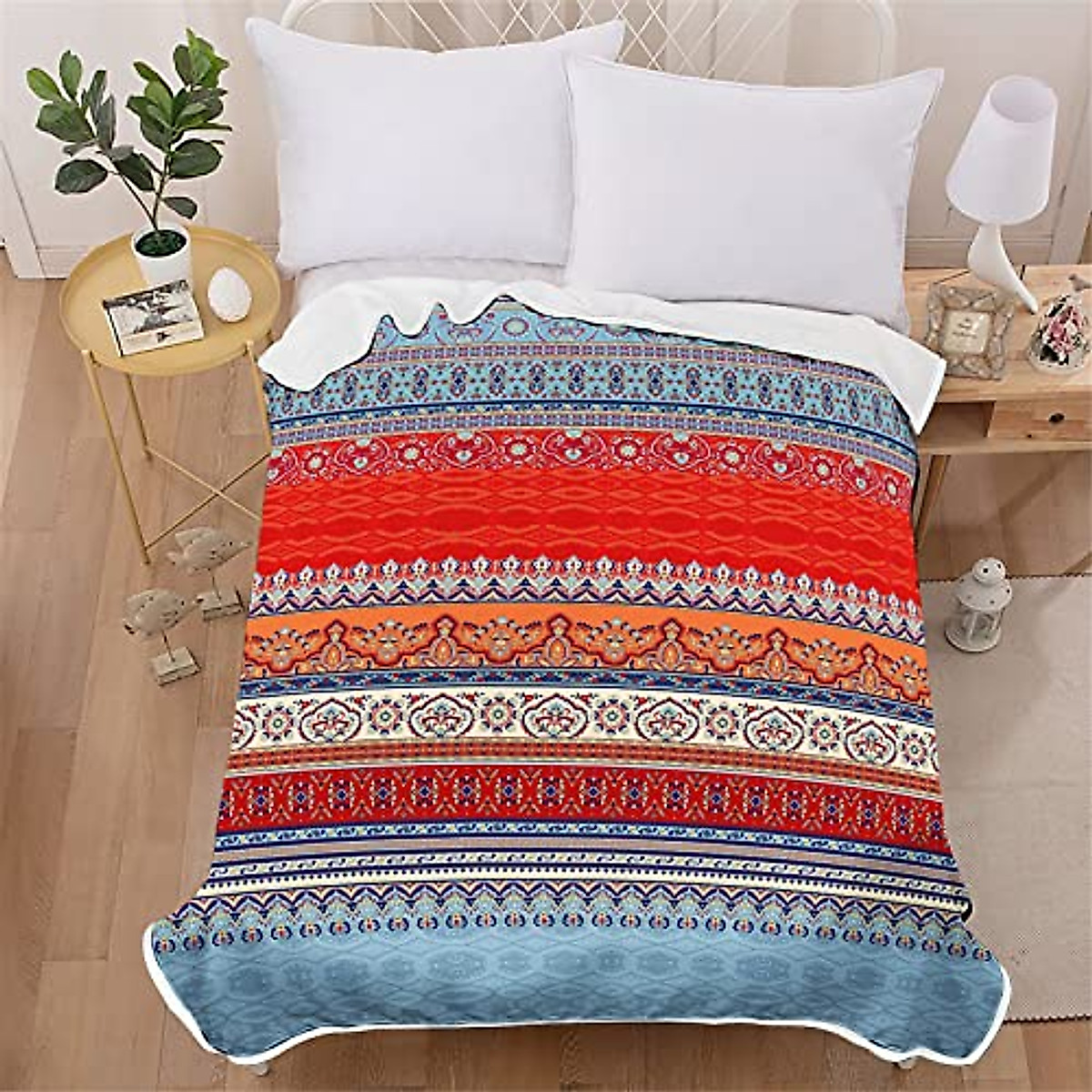 Colorful Stripe Boho Mandala Blanket for All Seasons Bohemia Microfiber Fleece Throw Blanket Soft Lightweight Bedding for Bed Sofa Couch 50"×60"