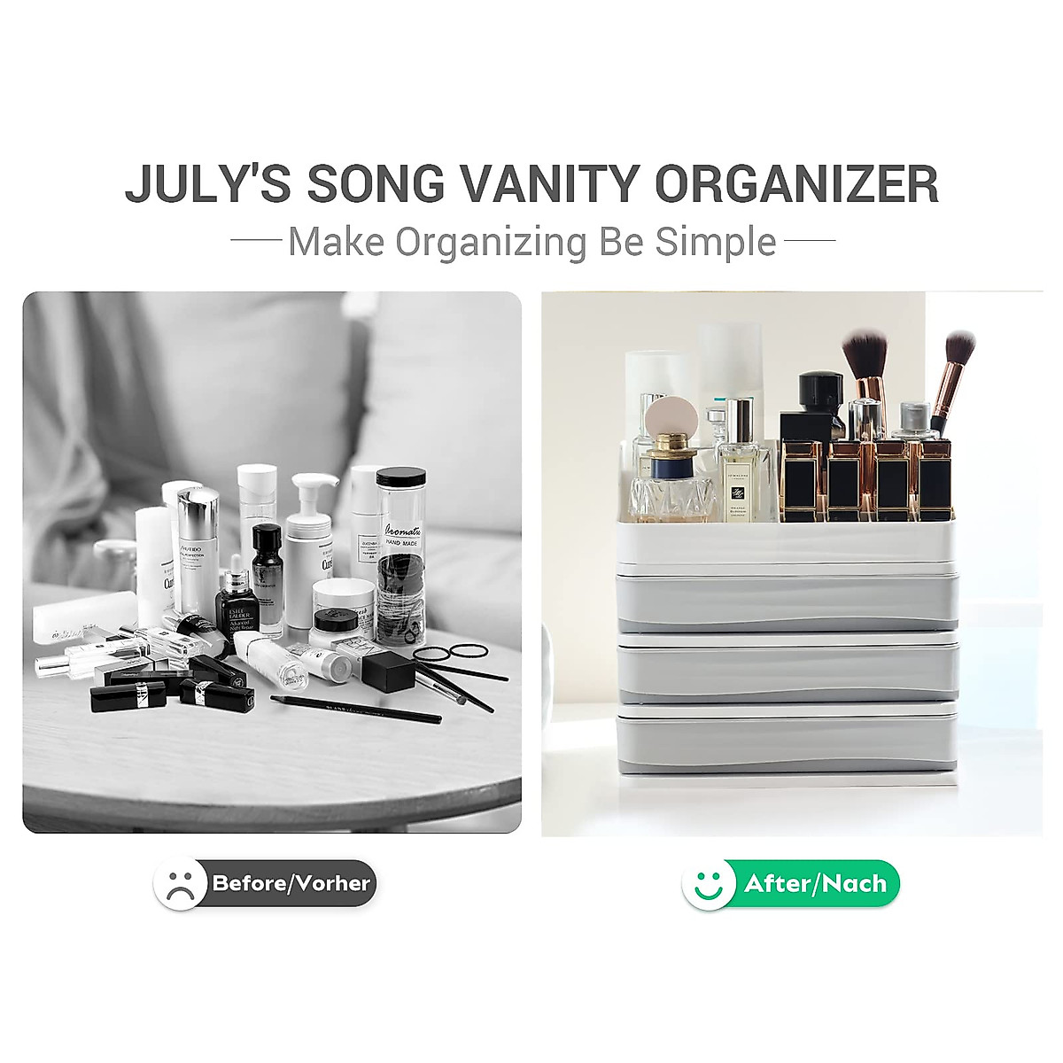 JULY'S SONG Makeup Organizer with Drawers Tray for Cosmetic Storage, Bathroom Countertop Make up Organizers Display Box for Brushes Lipstick Nail