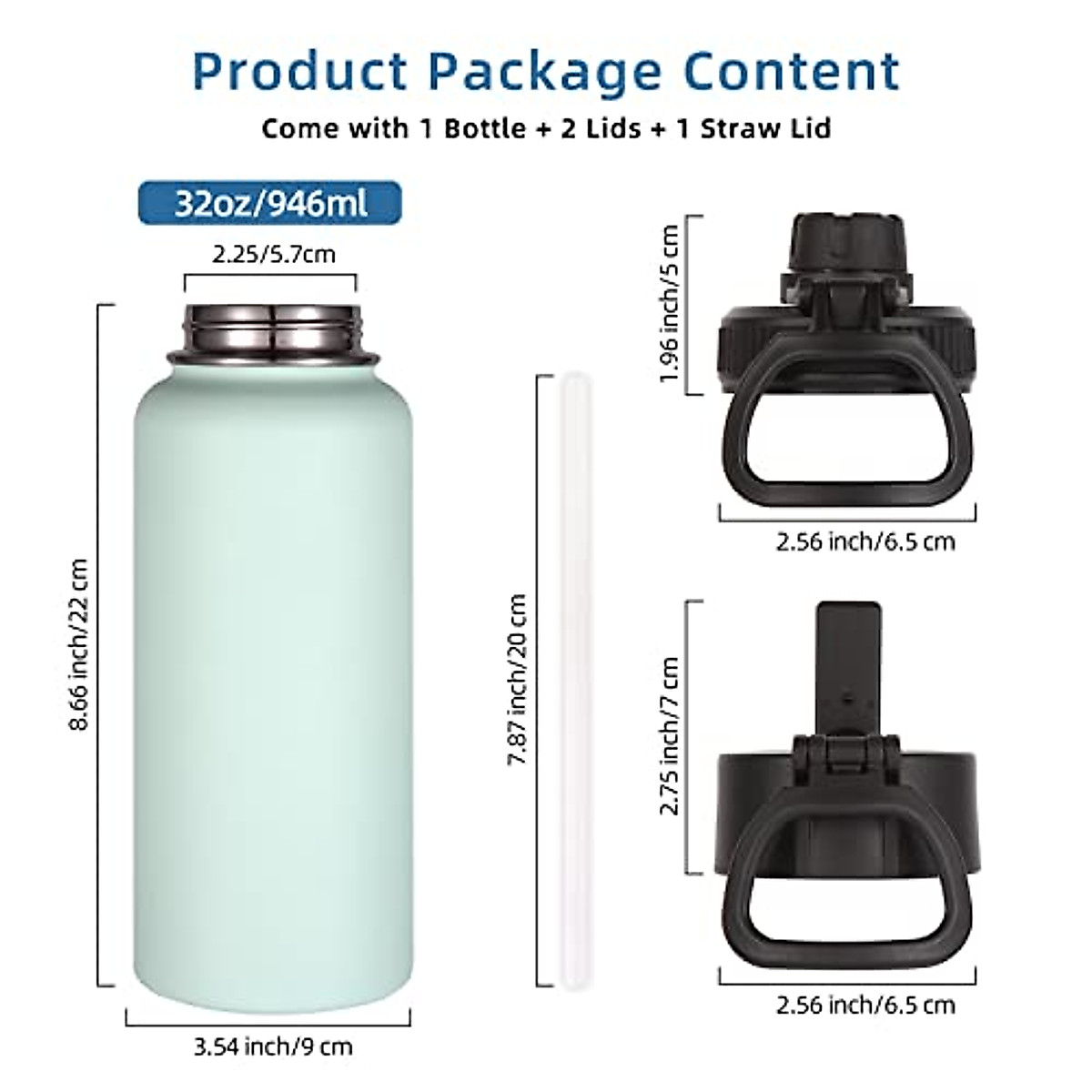 Volhoply 32 oz Insulated Water Bottle with Straw Lid & Spout Lid,Stainless Steel Sports Water Bottle,Double Wall Vacuum Thermos,Leak proof Wide Mouth Metal Flask,Keeps Cold or Hot for Travel(Fog,1)