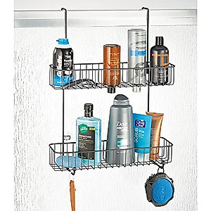 mDesign Extra Wide Metal Wire Over The Bathroom Shower Door Caddy, Hanging Storage Organizer Center with Built-in Hooks and Baskets on 2 Levels for Shampoo, Body Wash, Loofahs - Graphite Gray