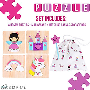 Princess Jigsaw Puzzle and Wand Set - Storage Bag Included - Rainbow, Unicorn and Castle Set - Puzzle for Toddlers 1-3