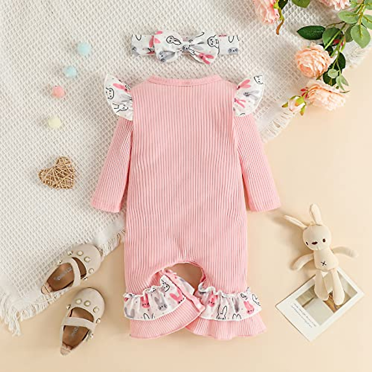 ZIMBRO Baby Girl Easter Outfit Bunny Print Romper My 1st/First Easter Letter Jumpsuit Long Sleeve Bodysuit Headband (Pink,0-3 Months)