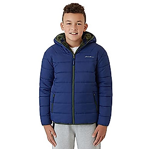 Eddie Bauer Boys' Reversible Jacket - Deer Harbor Waterproof Lightweight Puffer Coat with Faux Shearling Lining (5-20), Size 18-20, Navy