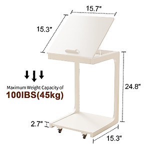 KASLANDI C Shaped End Table for Couch, C Table with Wheels, Wooden Couch Table Adjustable Desktop for Living Room,Bedroom（White）