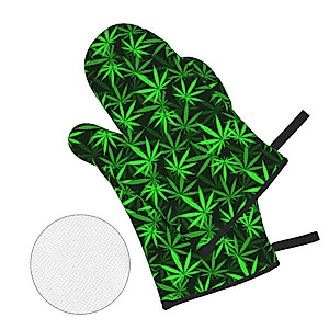 Oven Mitts and Pot Holders Sets Weed Leaf Print Oven Gloves Heat Resistant Potholders 4 Pcs Set Washable Non-Slip BBQ Gloves with Hanging Loop for Women Men Kitchen Baking Cooking Grilling